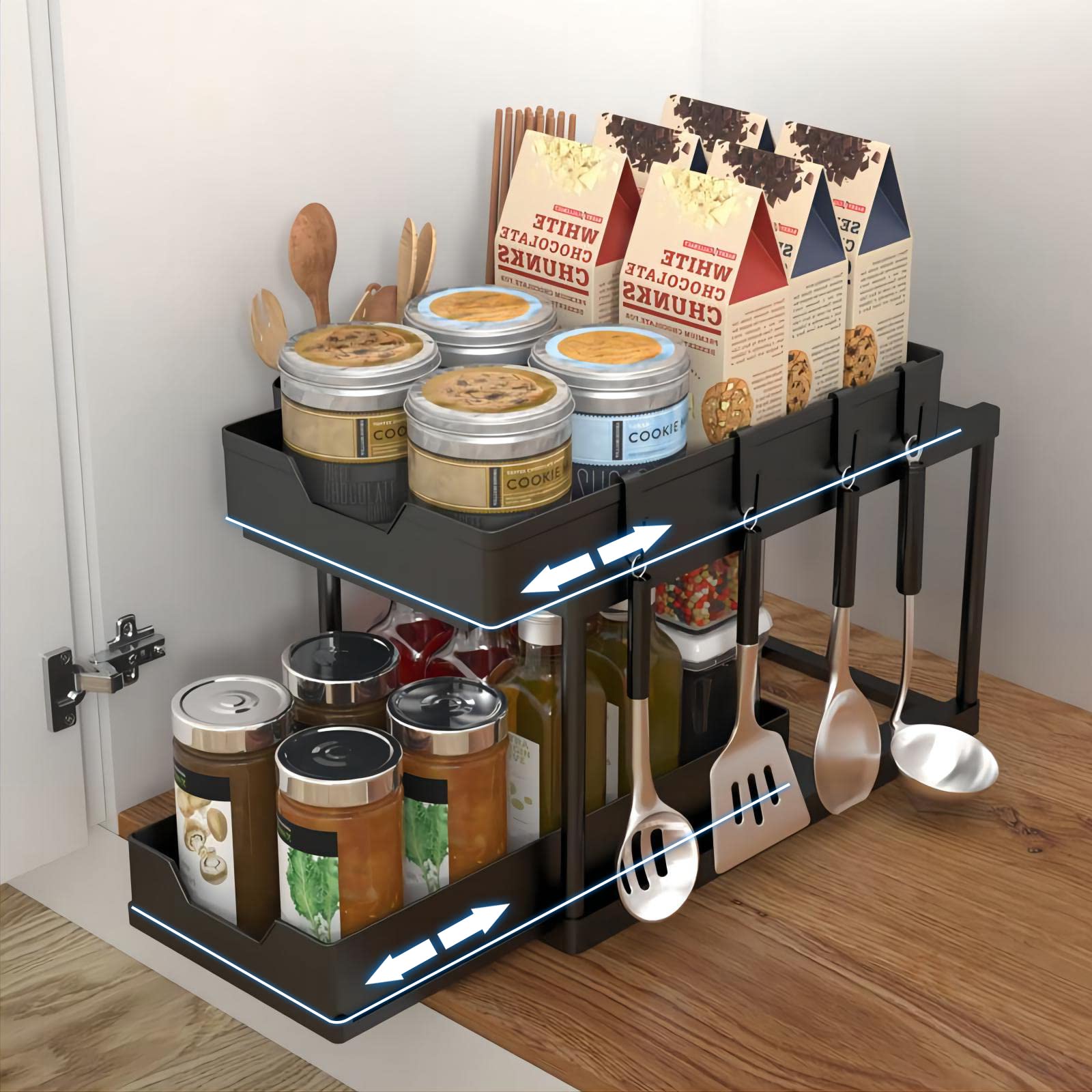 Fourmor Under Sink Organizers and Storage - 2 Tier Slide Out Shelf Under Cabinet Kitchen Storage with 4 Hooks, Pull Out Under Sink Organizer for Kitchen Bathroom Counter Office Pantry