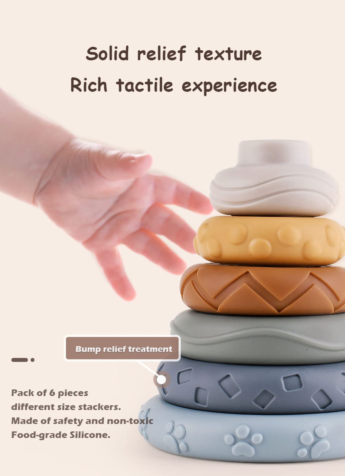 KAMINRUN Baby Sensory Stacking Rings, 6 Pcs Stacking & Nesting Circle Toy,Soft Building Rings Stacker & Teethers,. Early Educational Learning Stacking Tower for 6 Month and Over Girls Boys Gifts.