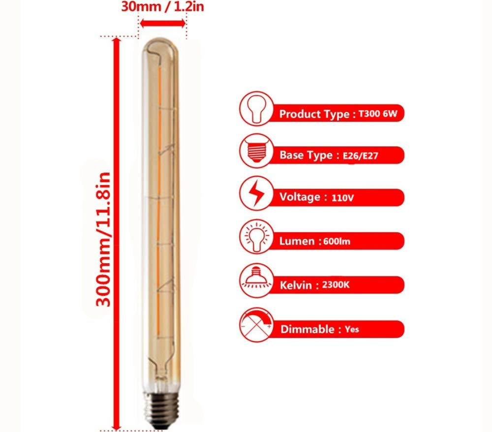 T300 Vintage LED Filament Bulb T300 6W Dimmable Vintage Edison Light Bulb Long Tubular Vintage LED Light,E26/E27 Medium Base,Amber Glass,Warm White 2300K,6W(40W Equivalent),Dimmable,Pack of 4