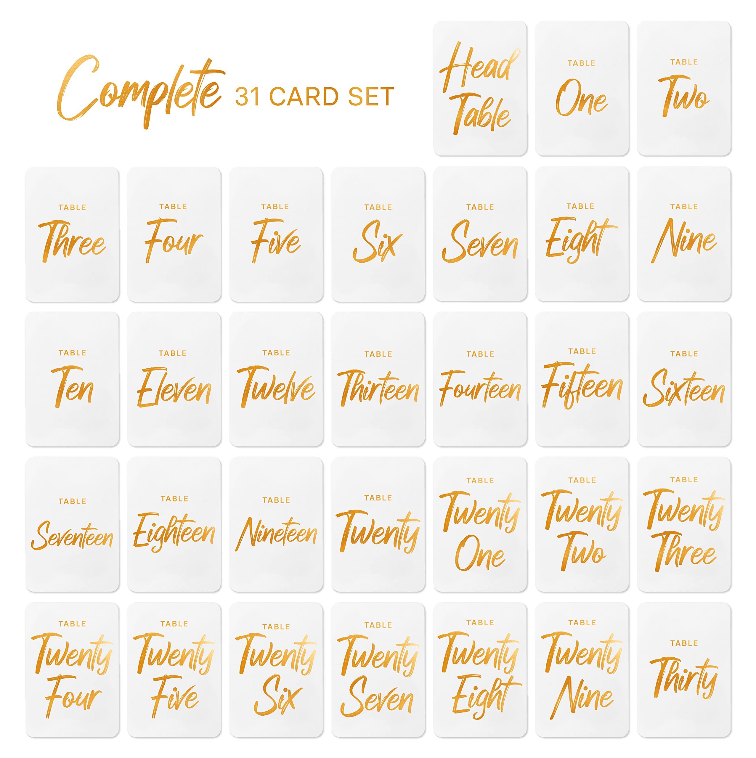 Table Numbers 1-30 Gold Set | Wedding Table Number Seating Cards, Golden Metal Holder Stands and Storage Box