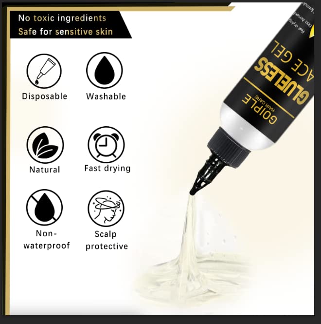 Goiple Wig Glue, Liquid Gold Glueless Lace Gel - Waterproof, Non Toxic, Gold, 4oz - Wig Kit for Wigs and Hair Systems