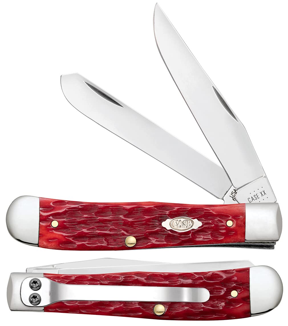 WR Case XX Pocket Knife Item 31957 TRAPPER - DARK RED BONE CS - PEACH SEED JIG W/POCKET CLIP, CLIP AND SPEY BLADES Length Closed: 4 1/8