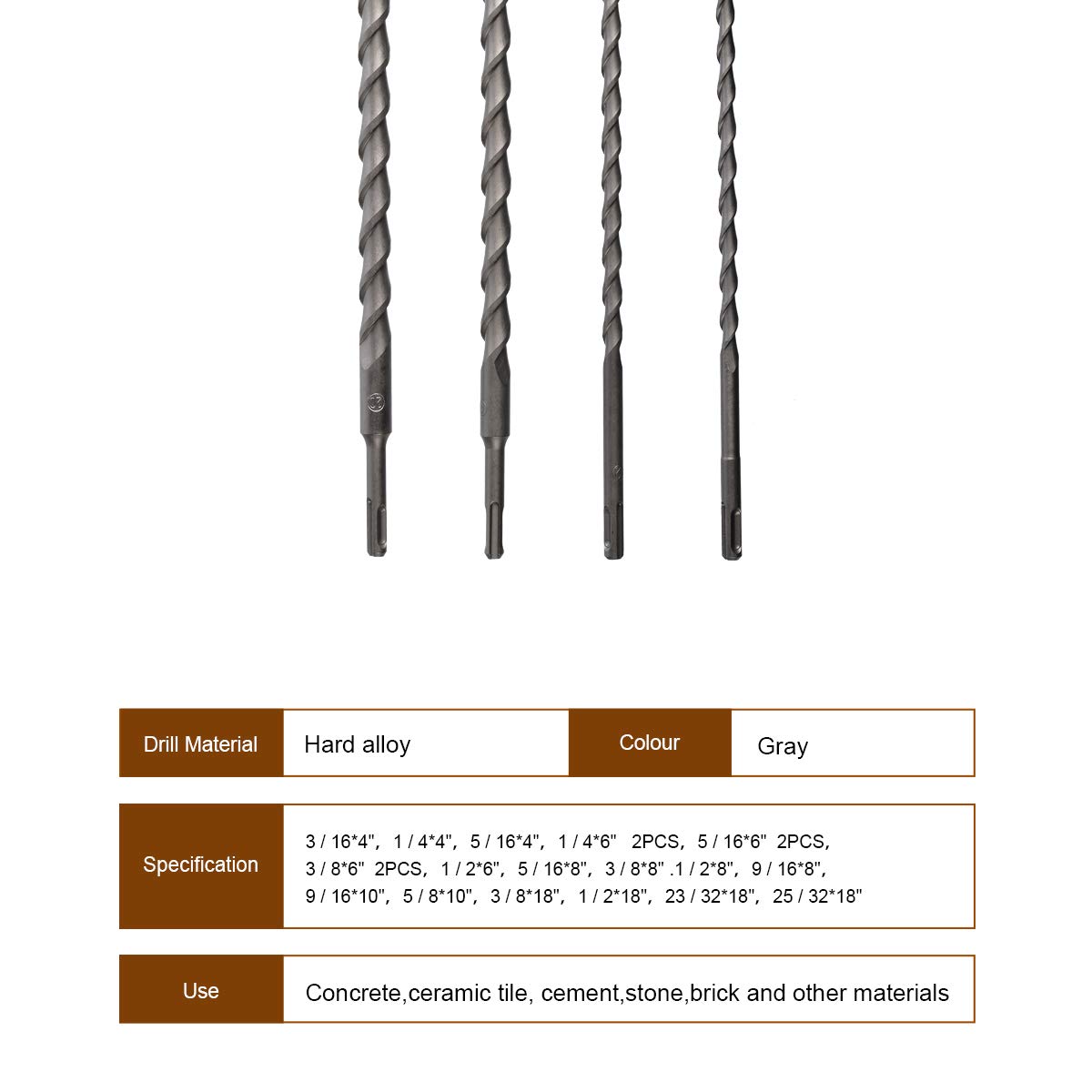 FYARES 20PCS Plus Rotary Hammer Drill Bits, Concrete Masonry Hole Tool,SDS+ YG8C Carbide Tip,for Steel/Copper/Aluminum Alloy