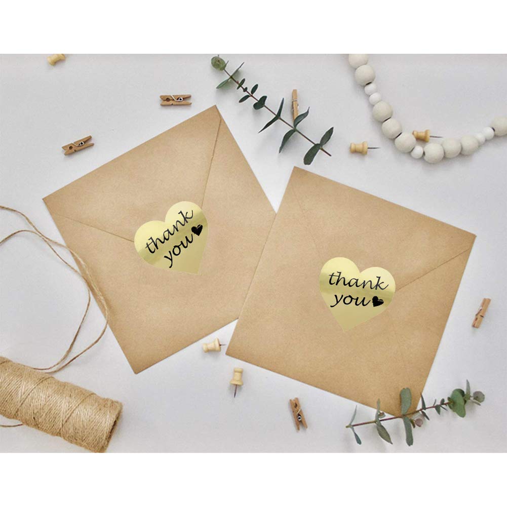 Gold Heart Shape Thank You Stickers, Foil Decorative Sealing Labels, 500 Stickers/Roll, 1.5" Diameter (2 Rolls)