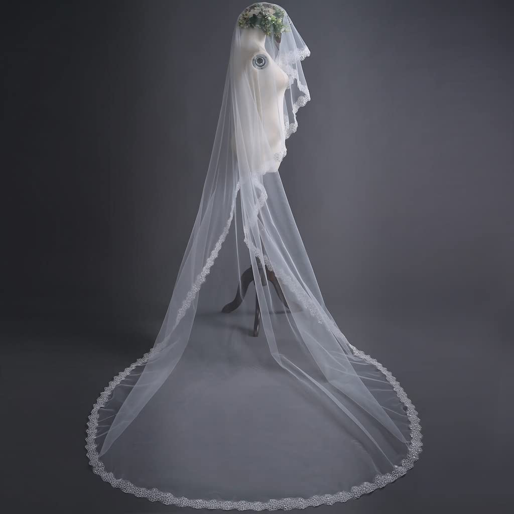 FEER Bride Long Veil Face with Lace Edge Wedding Marriage Hair Accessories (Color : As shown, Size : 300cm)