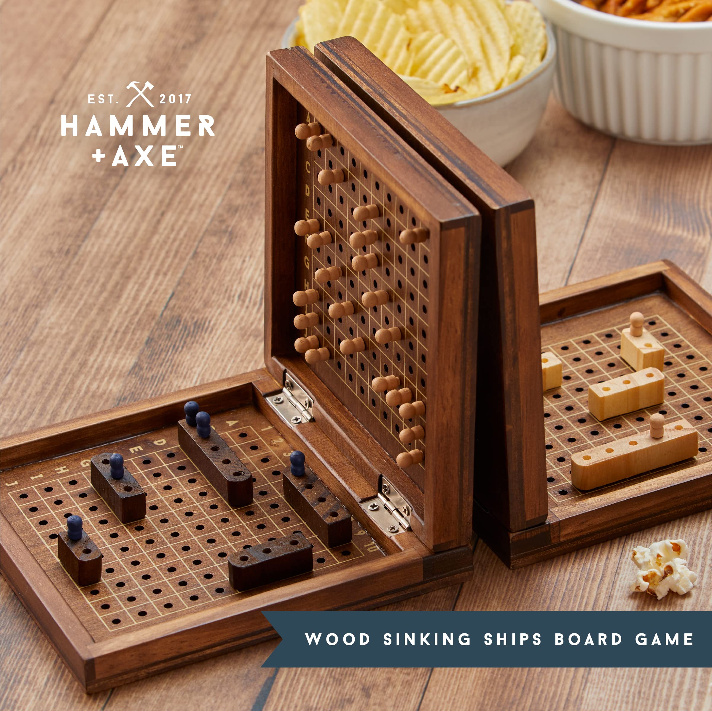 Hammer + Axe Wooden Sinking Ships 2-Player Board Game, Quality Crafted Wood, Portable Vintage Design, Great for Beach Camping Parties & Travel
