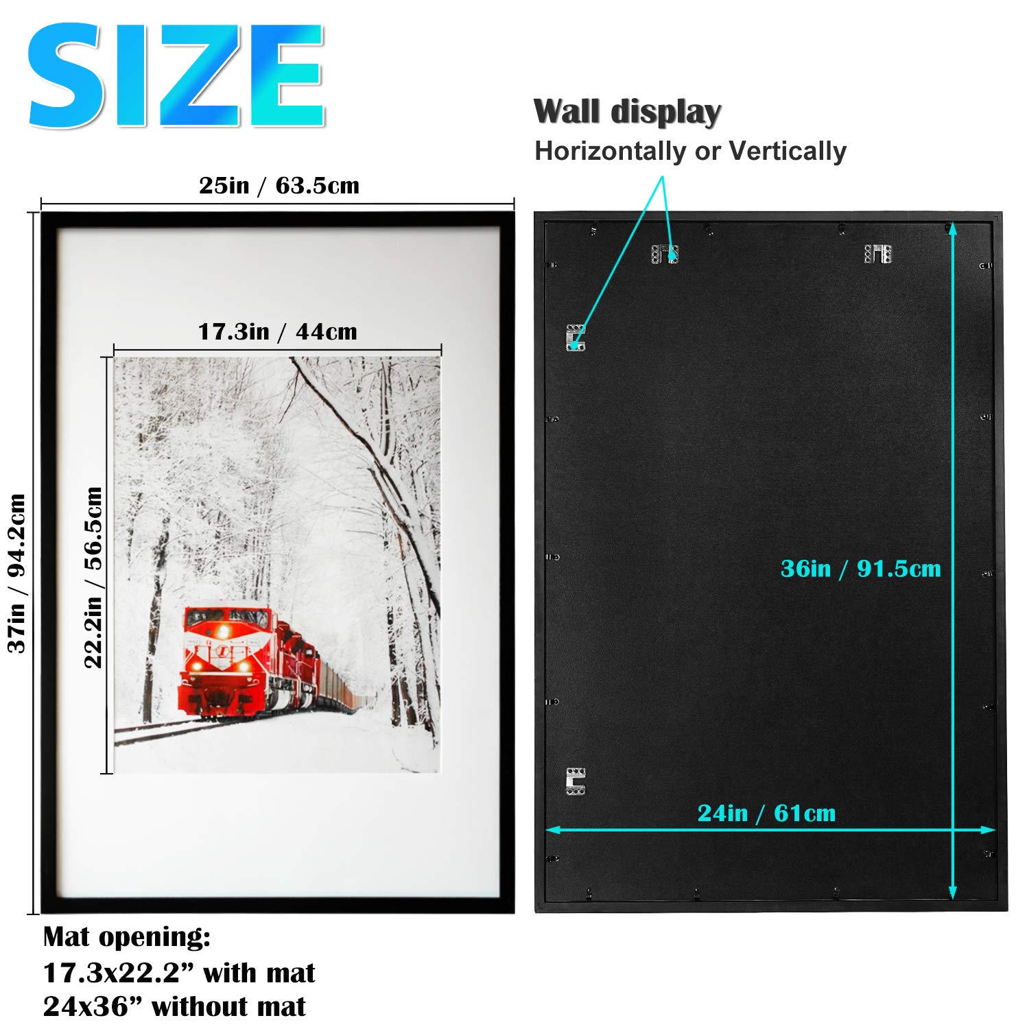 Egofine 24x36 Solid Wood Picture Frame Matted for 18x24 Black for Wall Mounting Hanging Poster Frame Vertically or Horizontally, Rustic Black