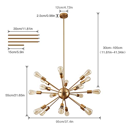 mirrea Vintage Metal Large Dimmable Sputnik Chandelier with 18 Lights (Brushed Brass)