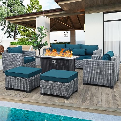 Lviden 6 Pieces Wicker Patio Furniture Sets Outdoor Conversation Set PE Rattan Sectional Sofa Couch with 45" Fire Pit Table and Peacock Blue Cushions
