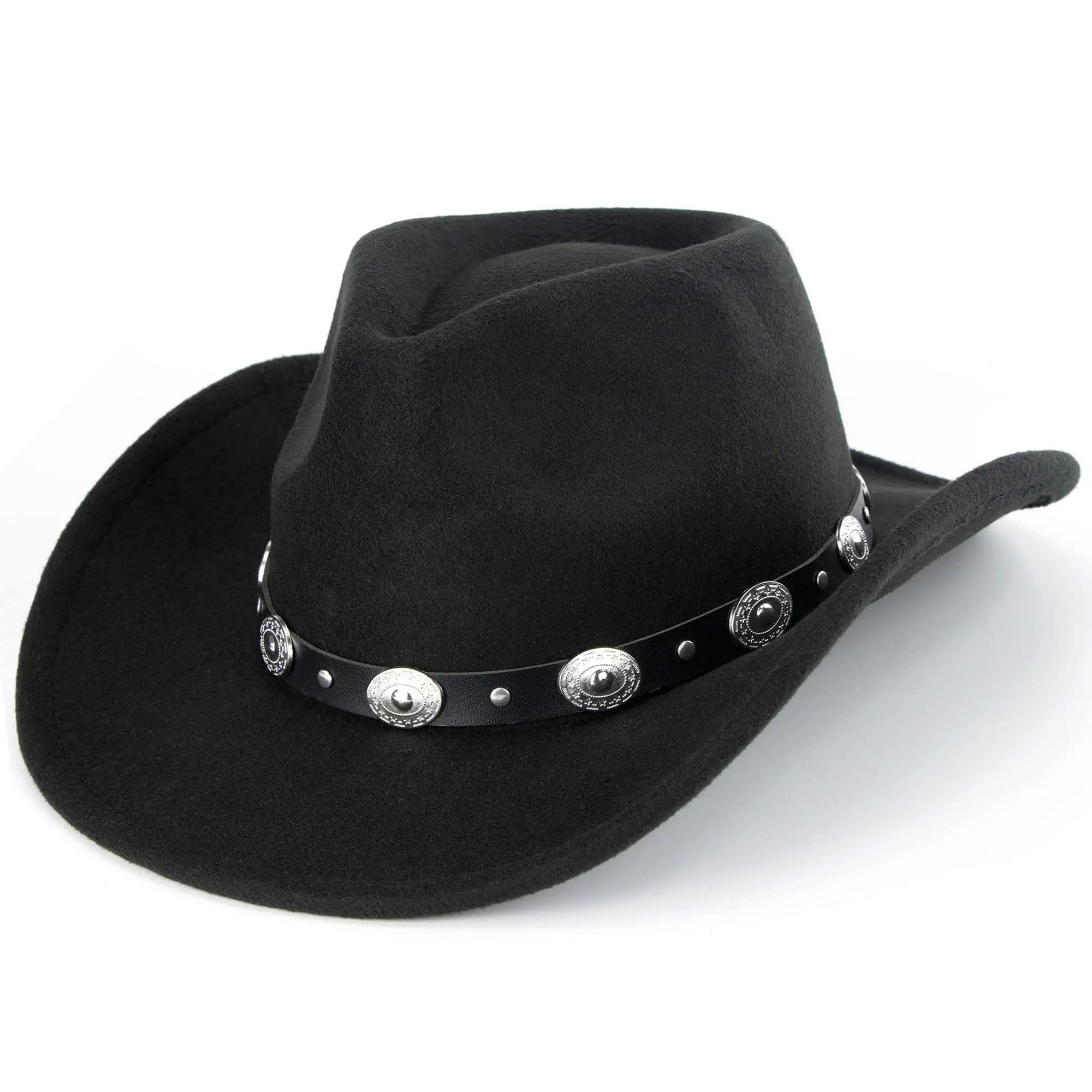Eohak Womens Western Cowboy Hats Studded Pinched Western Cowgirl Hats Wide Brim Fedoras Hat with Belt Buckle (Size: M-L) (US, Alpha, Medium, Black)