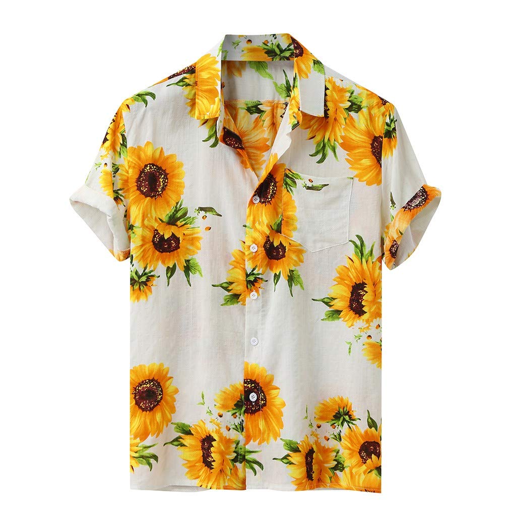 GDJGTA Men's Hawaiian Shirt Casual Colorful Sunflower Print T-Shirt Buttons Lapel Top Short Sleeve Tee Loose Blouse