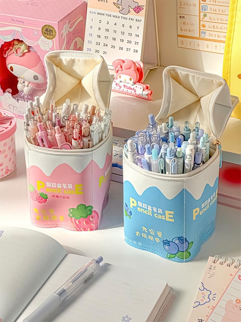 Pen Holder Yogurt Milk Box Shape Big Capacity Blueberry Strawberry Pen Pouch Case Estuche para Lapices (Pink)