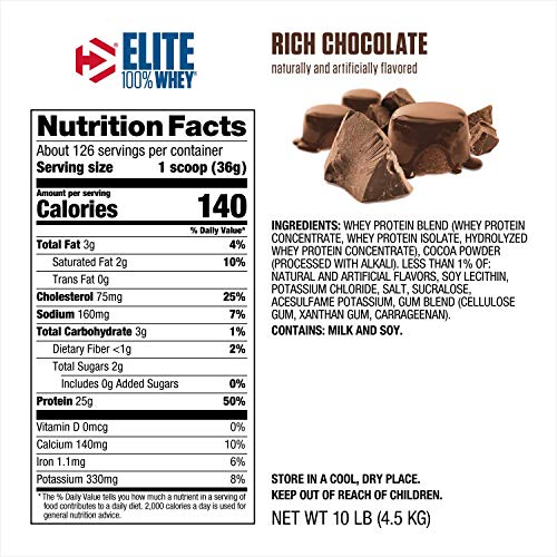Dymatize Elite 100% Whey Protein Powder, 25 g Protein, 5.5 g BCAAs & 2.7 g L-Leucine, Quick Absorbing & Fast Digesting for Optimal Muscle Recovery, Rich Chocolate, 160 Oz