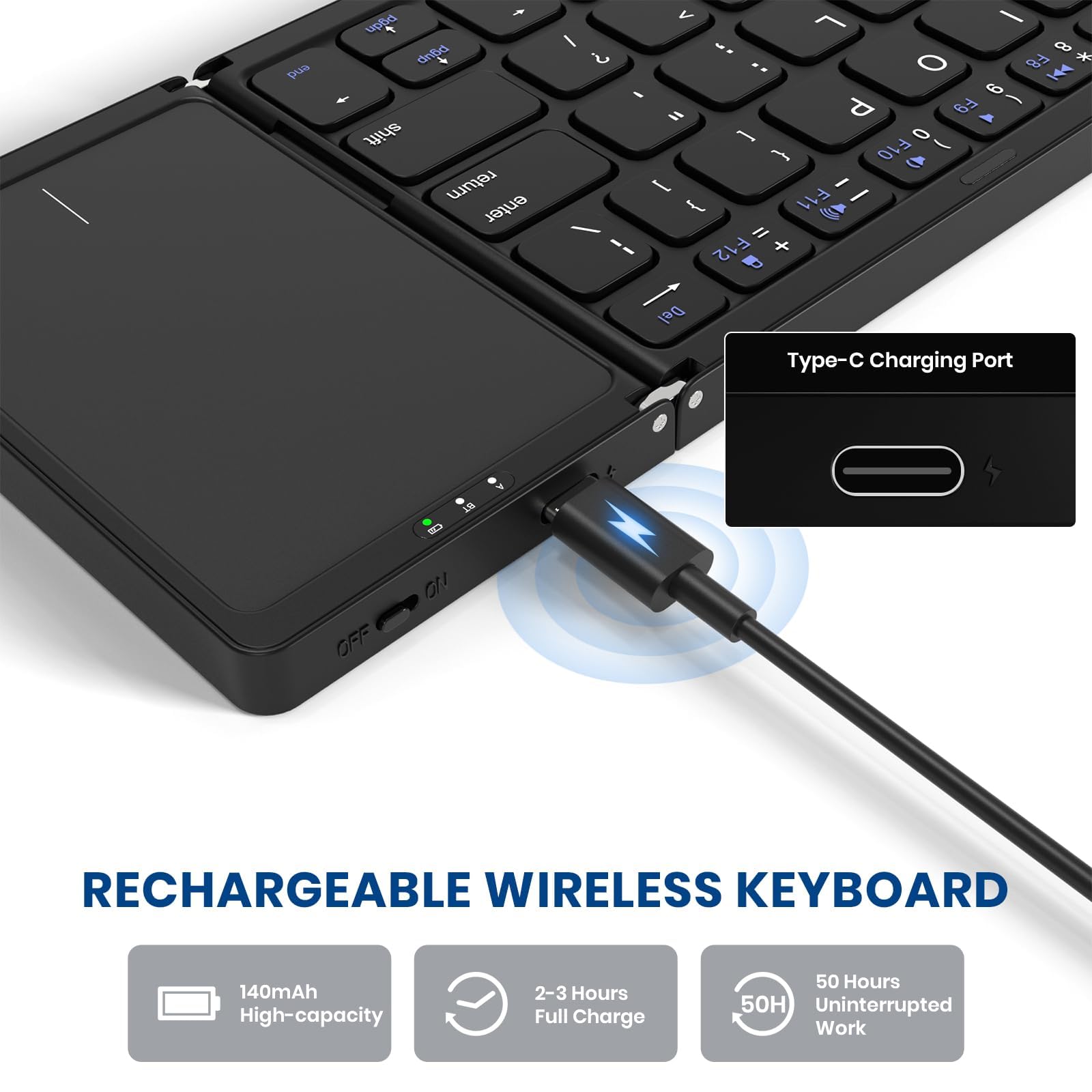 HAMOPY Foldable Keyboard, Tri-Folding Wireless Portable Bluetooth Keyboard with Sensitive Touchpad Mouse (Sync Up to 3 Devices), Pocket-Sized Rechargeable Travel Keyboard for Windows Mac Android iOS