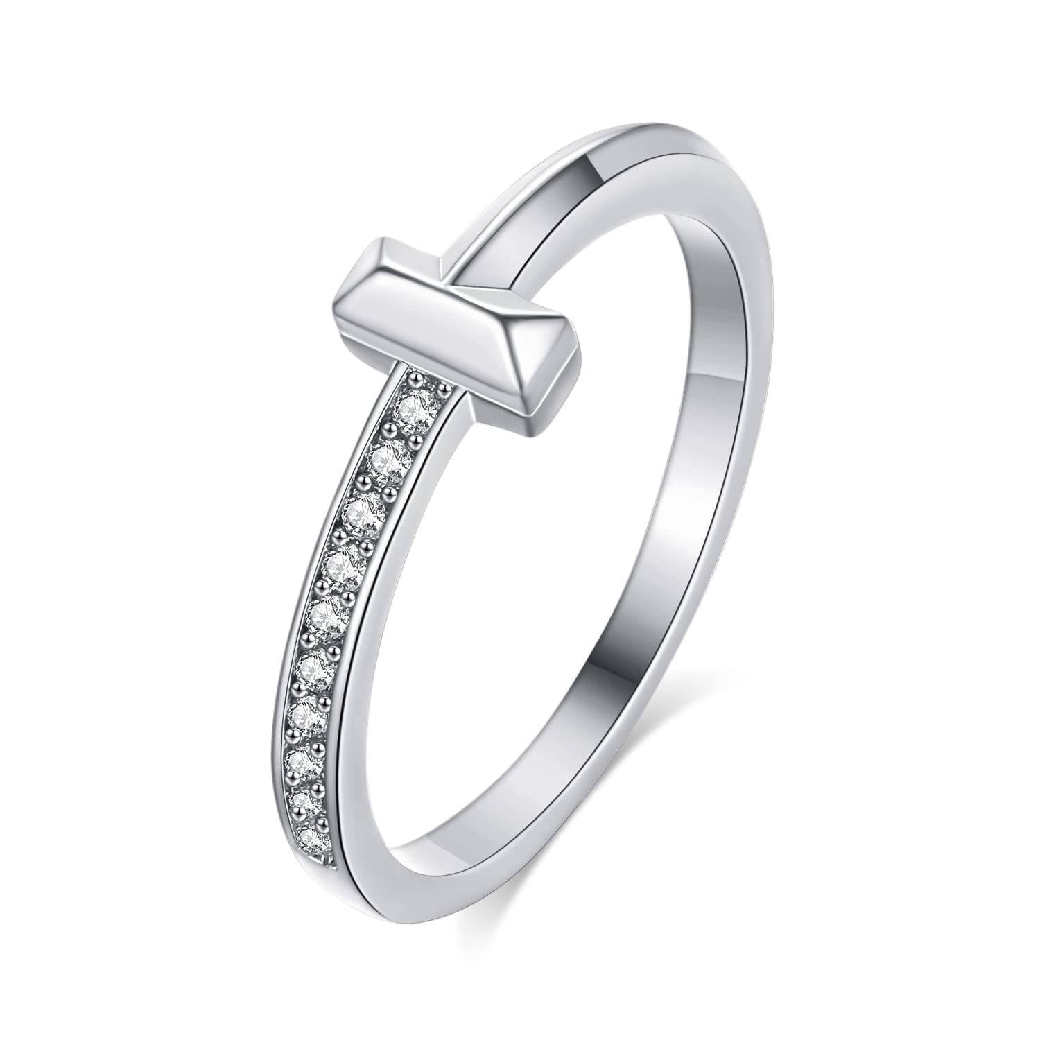 GLOQUAT Dainty Rings 925 Silver Plated Ring Classic Cubic Zirconia Stackable Rings Wedding Band with Clear CZ Statement Eternity Rings Diamond Fake Engagement Rings for Womens Ring Size 9