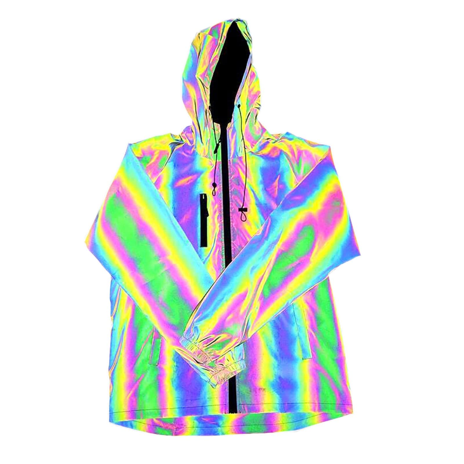 Glow Rainbow Hip Hop Jackets Black Reflective Jacket for Men and Women Hooded Zipper Waterproof Coat Windbreakers Zipper