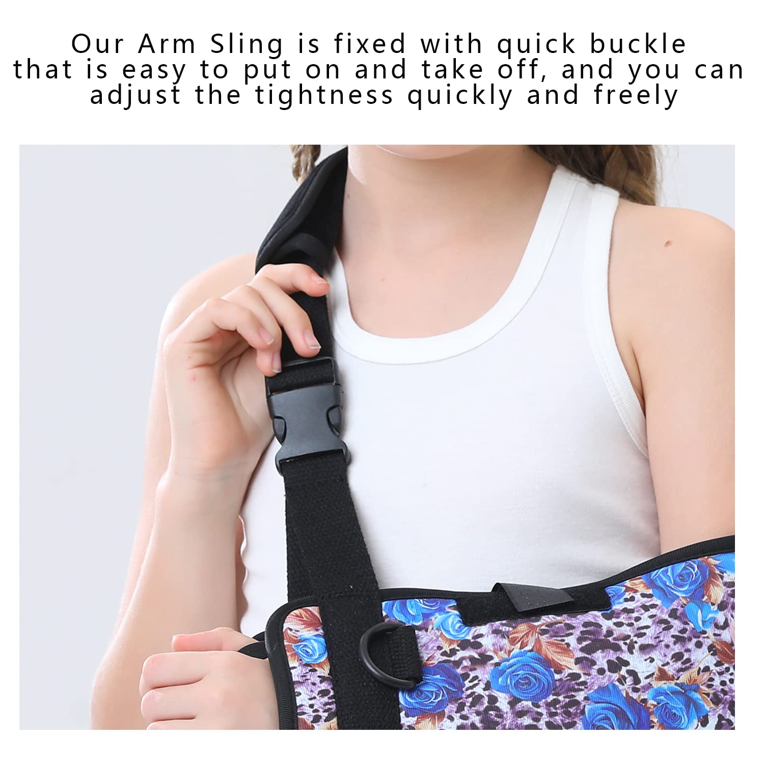 Fotgok Foam Arm Sling Elbow Brace Support with Waist Strap Shoulder Sling Rotator Cuff Brace for Shoulder Injury for Kids , for Broken, Dislocated, Fracture, Blue Rose Leopard, Large