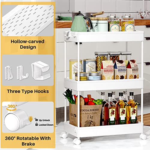 SPACEKEEPER Storage Rolling Cart, 3 Tier Laundry Room Organization Utility Cart Bathroom Organizer Mobile Shelving Unit Shelves Multi-Functional Trolley, White