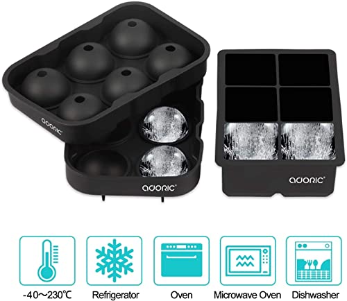 Ice Cube Tray, Large Square Ice Tray and Sphere Ice Ball Maker with Lid for Whiskey, Reusable and BPA Free (Silicone Ice Cube Molds Set of 2)