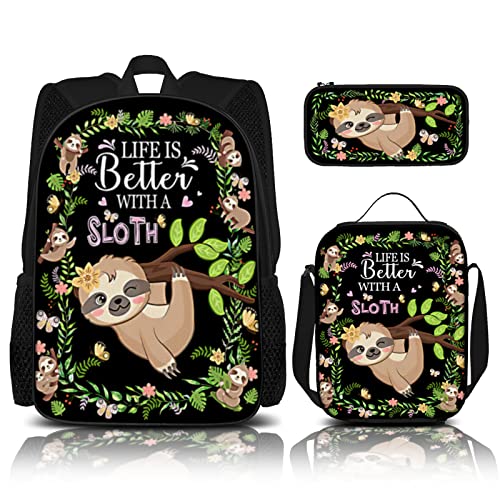 SENROLAN Sloth Backpack Set Sloth Backpacks+Lunch Bag With Holder+Pencil Case 3 Pieces Branch School Book Bag Travel Hiking For Girls Boys Men Women …
