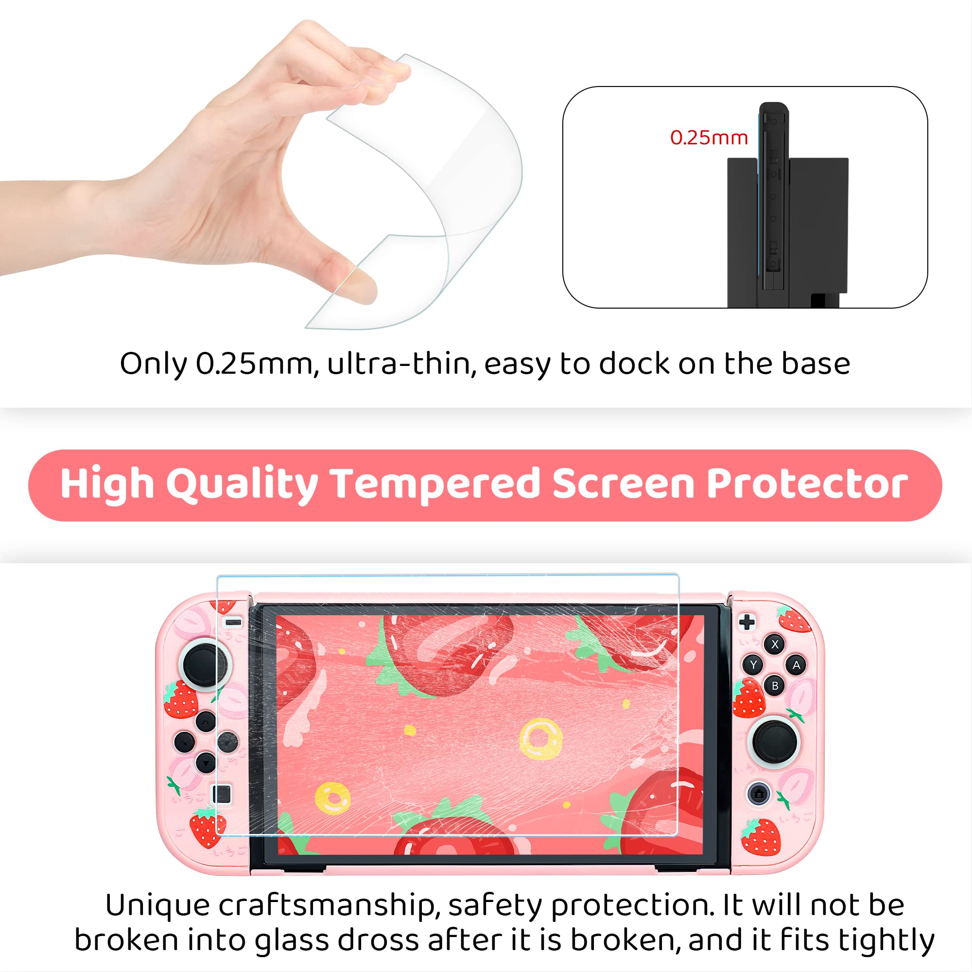 FANPL Pink Protective Case for Nintendo Switch OLED, Cute PC Case Cover Compatible with Switch OLED, Kawaii Skin Accessories for Girls with Thumb Caps and Screen Protector - Pink Strawberry Pattern