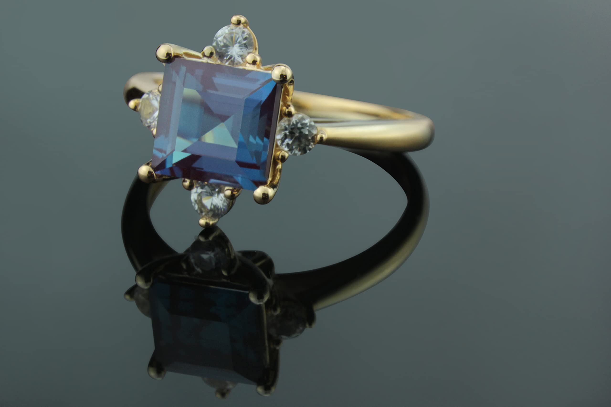 Heartland By Beverley Mitchell 10K Rose Gold 7mm Square Cut Teal Lab-Created Alexandrite & Lab-Created White Sapphire Cathedral Statement Ring - Size 8