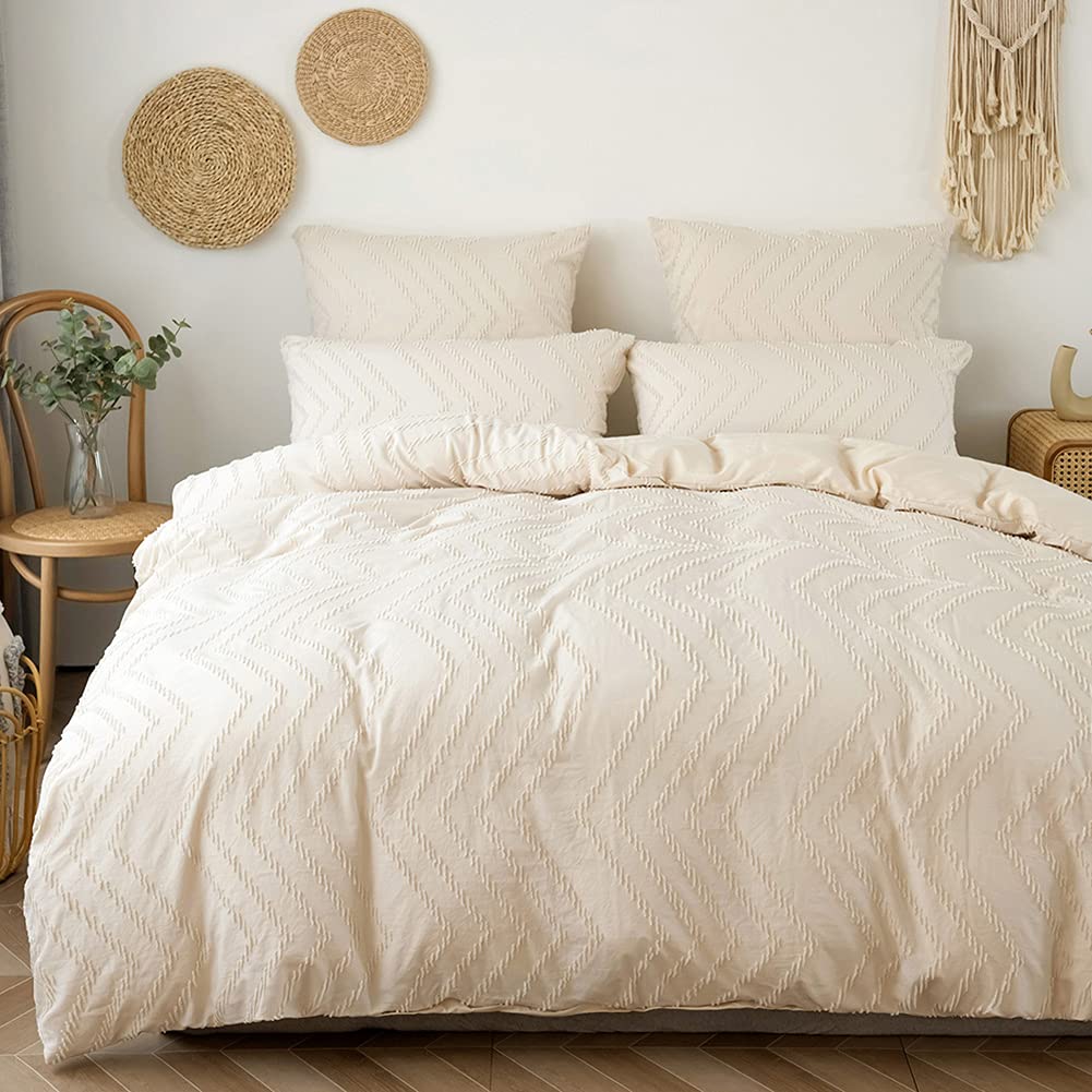 vctops Boho Wave Tufted Duvet Cover Set 3 Pieces Full Size Soft Embroidery Comforter Cover Sets for All Seasons (Khaki, Full)