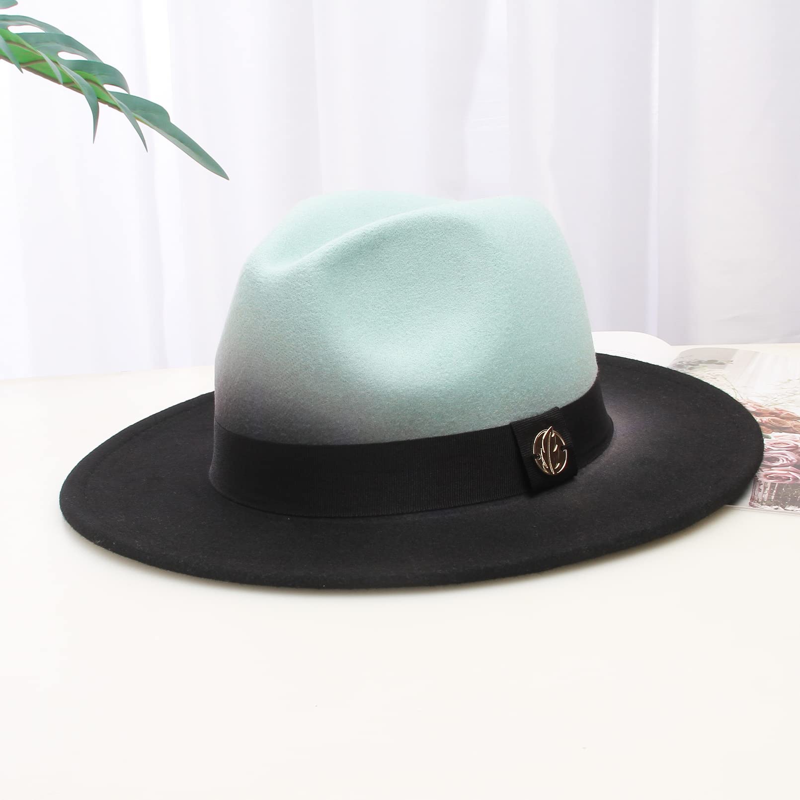 EOZY Gradient Color Fedora Hat for Women & Men Wide Brim Felt Hat with Belt Buckle/Camel