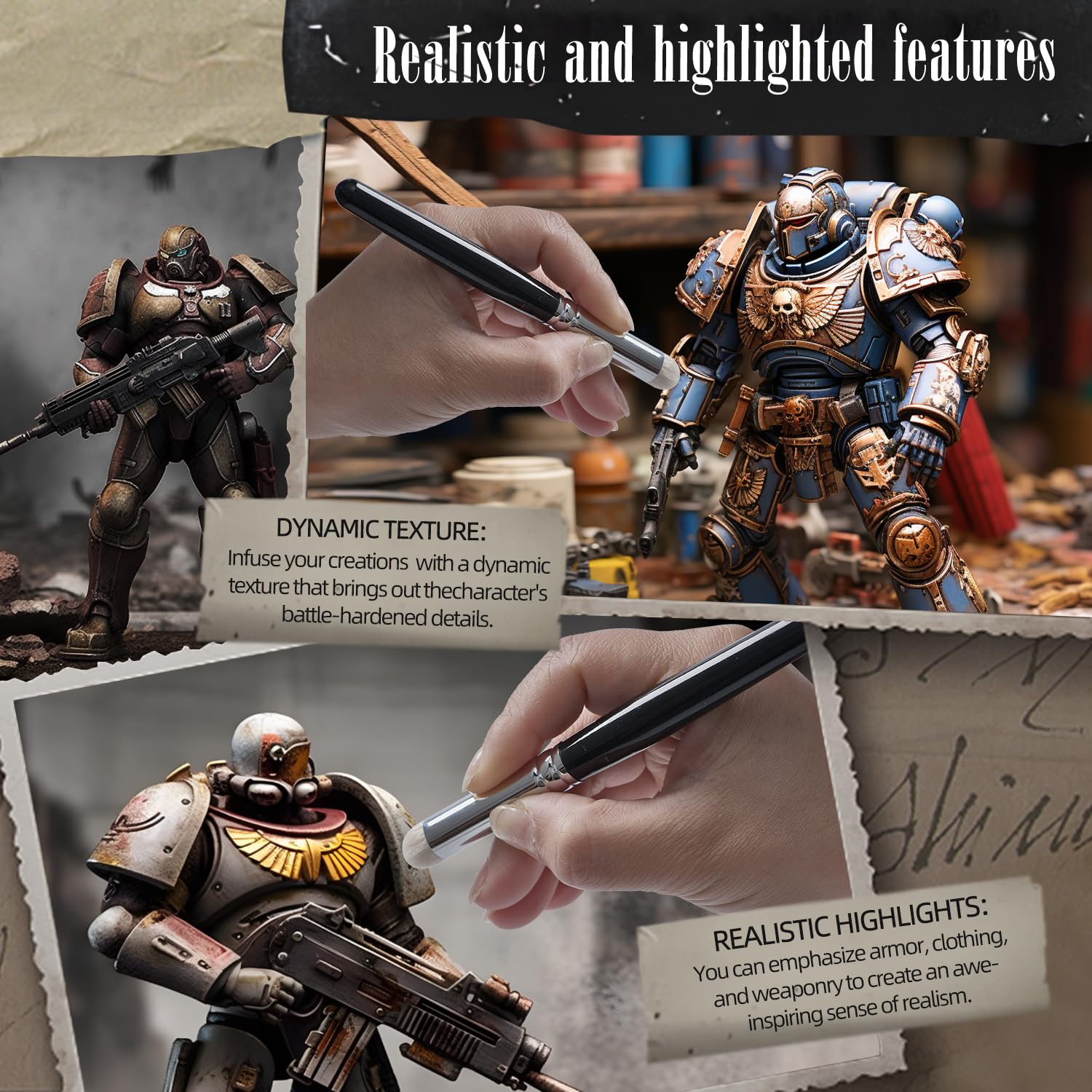 Dry Brush Miniature Painting Drybrush Set - 6PC Professional Miniature Paint Brushes for 40k, DND Miniatures, Citadel, Scale Model, Enamel & Fantasy Figurines Painting(Black)