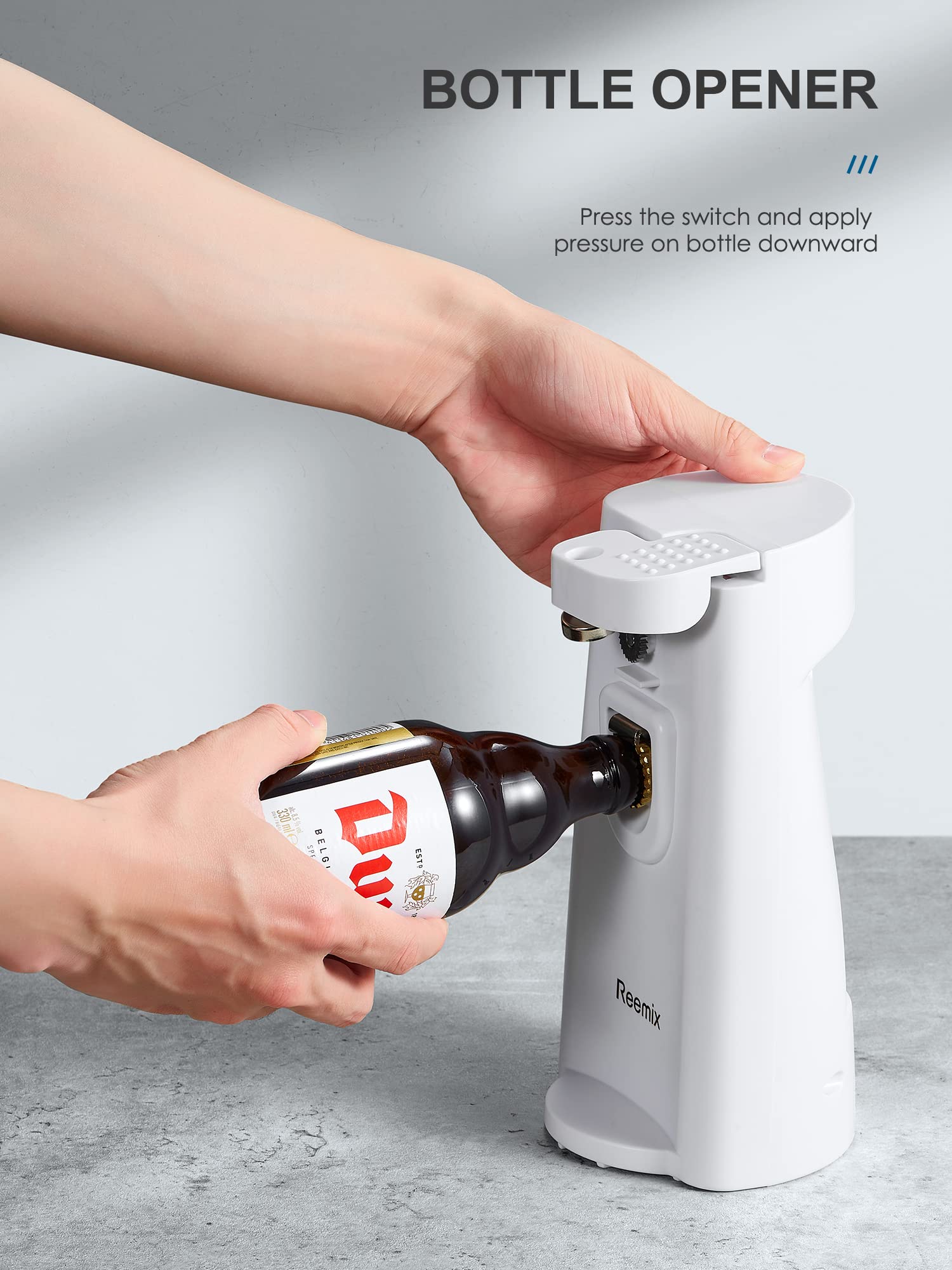 Electric Can Opener, Reemix Automatic Can Opener with Knife Sharpener and Bottle Opener 3 in 1, Easy Push Down Lever (White)