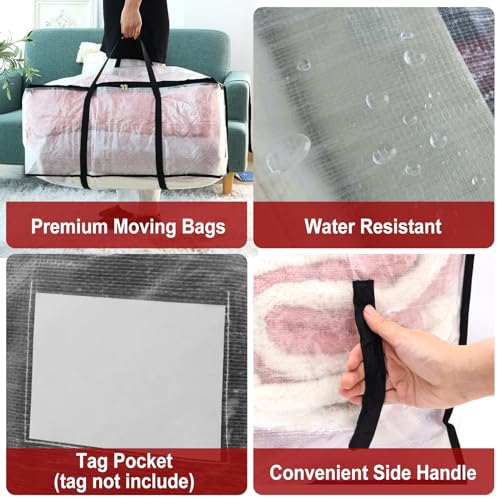 Fixwal Heavy Duty Moving Bags 6 Pack Storage Bags 93L Clear Moving Supplies for Space Saving Moving Storage Backpack Straps Strong Handles & Zippers, Foldable