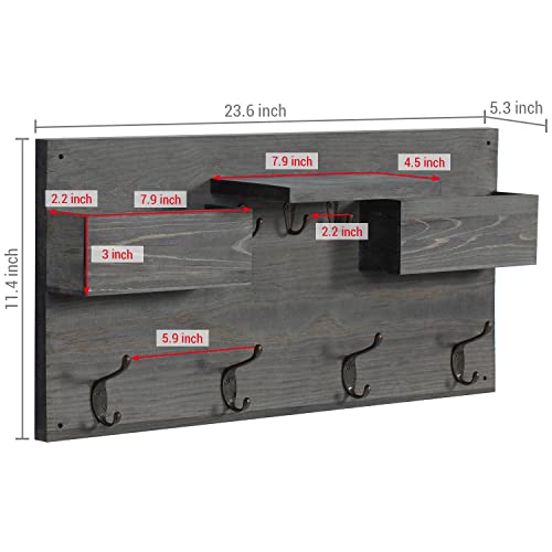 MyGift Wall Mounted Vintage Gray Solid Wood Mail and Key Holder Organizer Rack with Antique Key Hooks, Display Shelf and Letter Storage Bins, Entryway Family Command Center