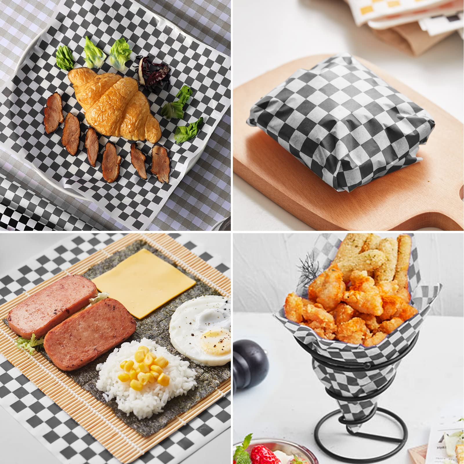 GeeRic Waxed Deli Paper Sheets 12 * 12 Inch, 100 Pcs Food Basket Liners for Sandwiches, Burgers, Checkered Deli Wrap Wax Paper Sheets Black