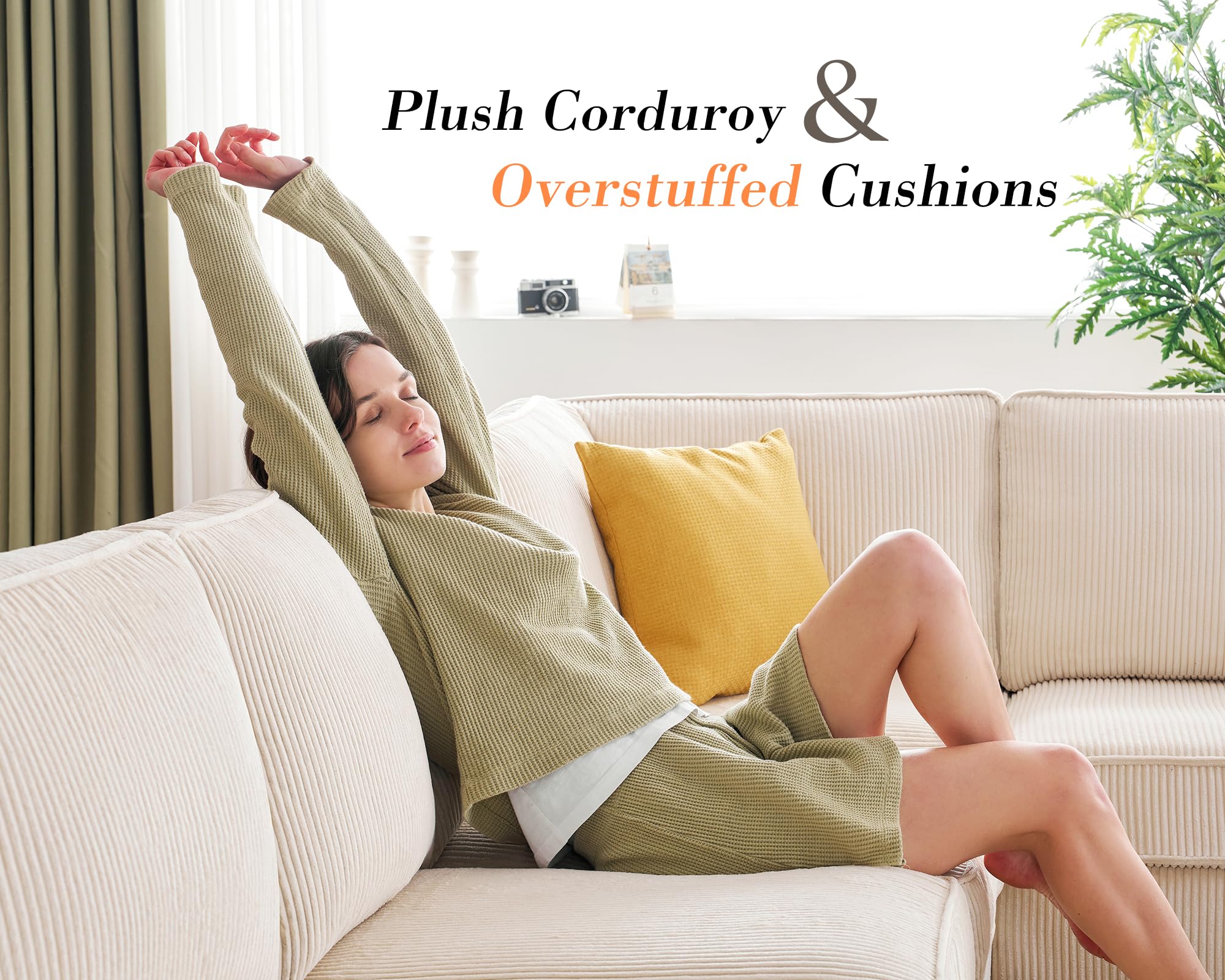 PaPaJet 112 inch Sectional Sofa, Oversized Sofa with Storage Chaise, U Shaped Sofa Couch with USB Ports, Corduroy Couch—Grey