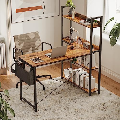 SiliBamb 47 Inch Computer Desk for Home Office, Small L Shaped Desk with Shelves, Corner Desk with Storage, Home Office Desks, Writing Study Desk, Brown