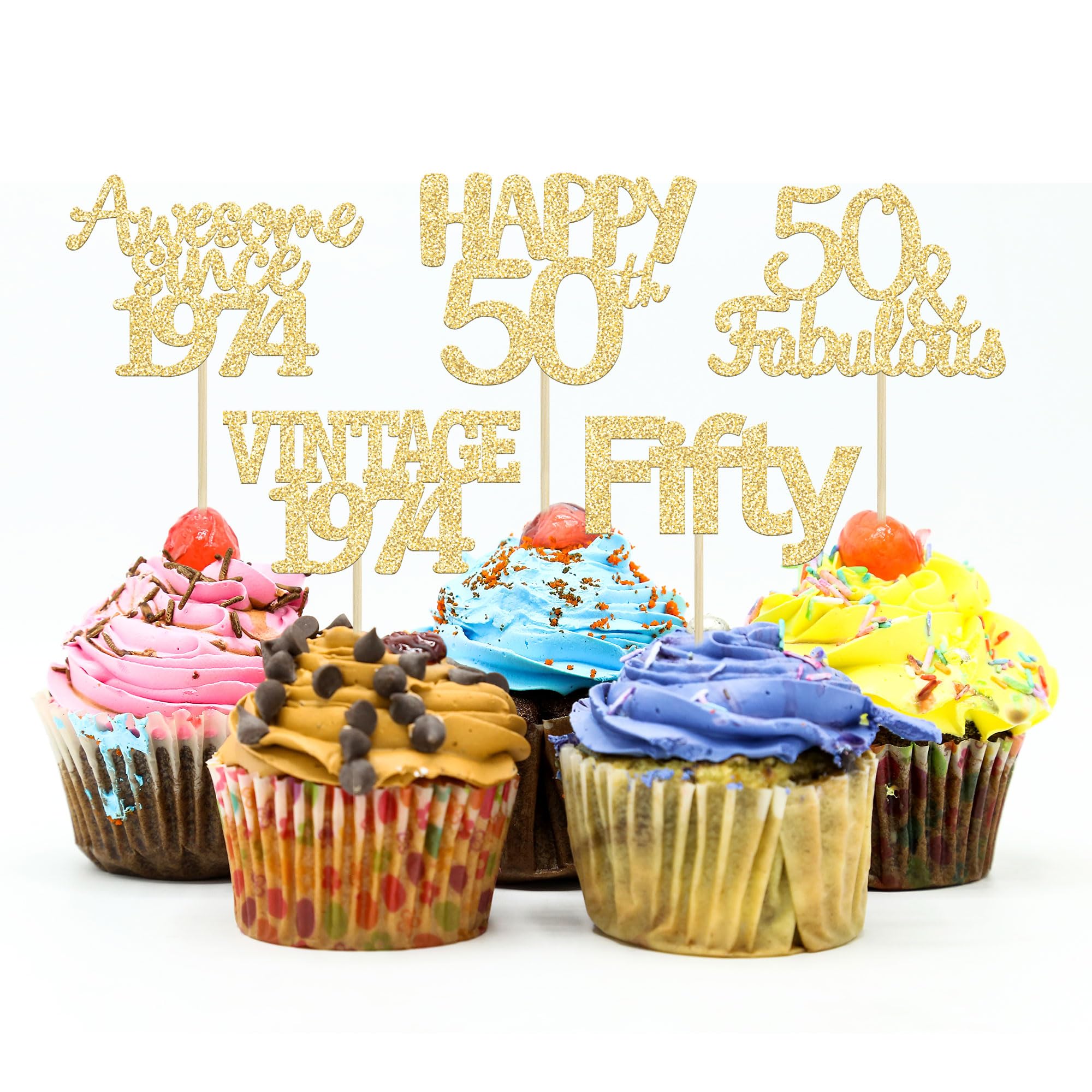 Gyufise 30Pcs Gold Glitter 50th Birthday Cupcake Toppers Vintage 1974 Awesome Since 1974 50 Fabulous Cupcake Picks 50th Birthday Wedding Anniversary Party Cake Decorations Supplies