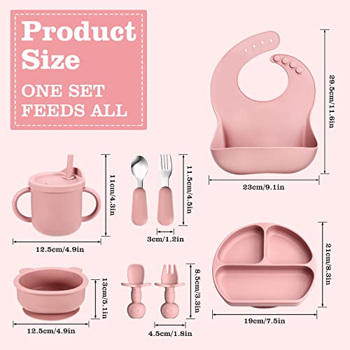 Silicone Baby Feeding Set, Baby Led Weaning Supplies with Suction Bowl Divided Plate, Toddler Self Feeding Dish Set with Spoons Forks Sippy Cup Adjustable Bib, Eating Utensils for 6+ Months(Pink)