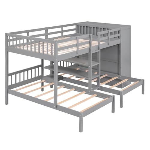 RORIGAT Twin&Twin Triple Bunk Bed with Large Wardrobe, Drawers and Shelves Storage, Wooden L-Shaped Bunkbed Frame w/Mirror for 3 Kids Teens Adults Bedroom, Full/Twin/Twin,Gray