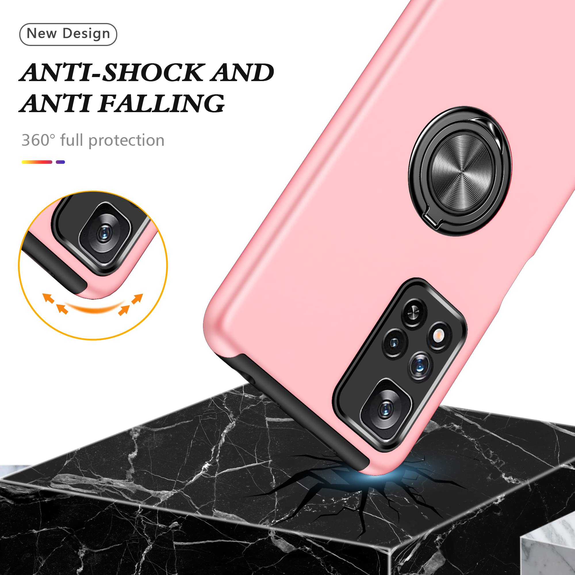 for Xiaomi Redmi Note 11 Pro 5g Case with Screen Protector 360 Degree Rotation Ring Kickstand Dual Layer Shockproof Silicone Slim Full Body Protection Durable for Redmi Note 11 Pro phone case (Pink)