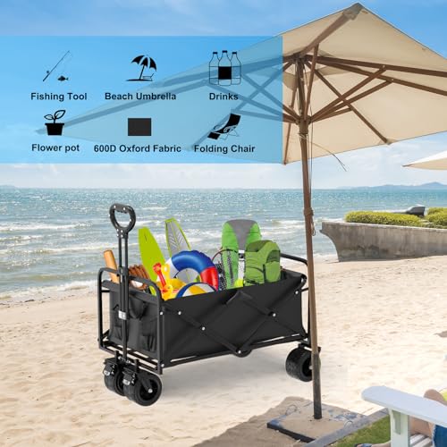 Dreamquest Collapsible Folding Beach Wagon Heavy Duty, Load 420Lbs Foldable Wagon Cart with Dual Brakes and Beverage Cup Holders,Gardening Wagon, All-Terrain Big Wheels for All Roads