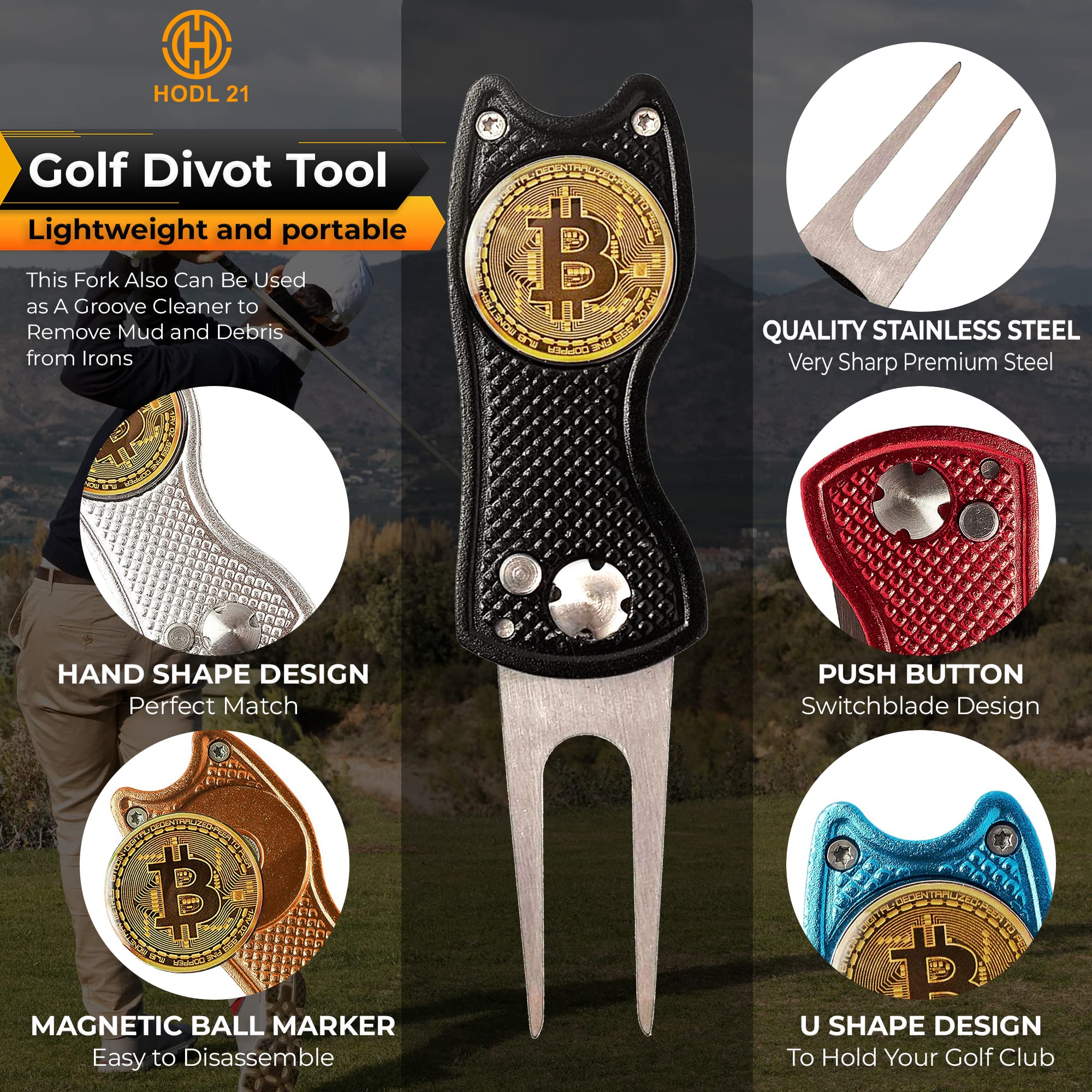 HODL 21 Bitcoin Golf Divot Repair Tool, All-Metal Golf Accessories - 3- in-1 Golf Multitool (Divot Tool, Ball Marker, Club Holder) | Foldable with with Pop-up Button & Magnetic Ball Marker