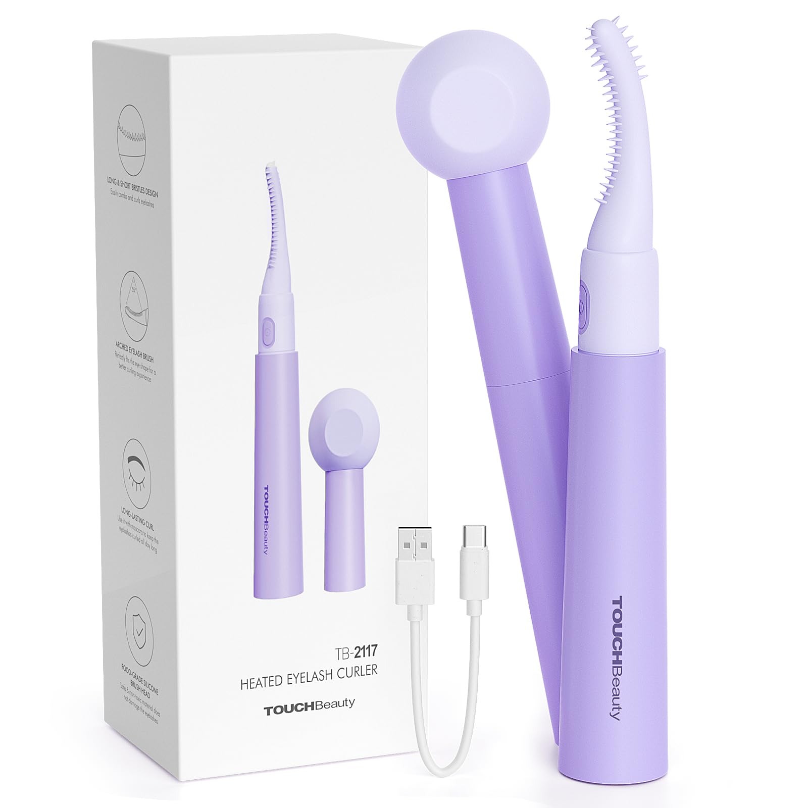 Heated Eyelash Curlers, TOUCHBeauty Electric Lash Curler Rechargeable with Dual-Sided Silicone Comb, 2-Level Temperature, No Pinching, Natural Curling Violet