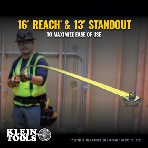 Klein Tools 9216 Tape Measure, Heavy-Duty Measuring Tape with 16-Foot Double-Hook Double-Sided Nylon Reinforced Blade, with Metal Belt Clip