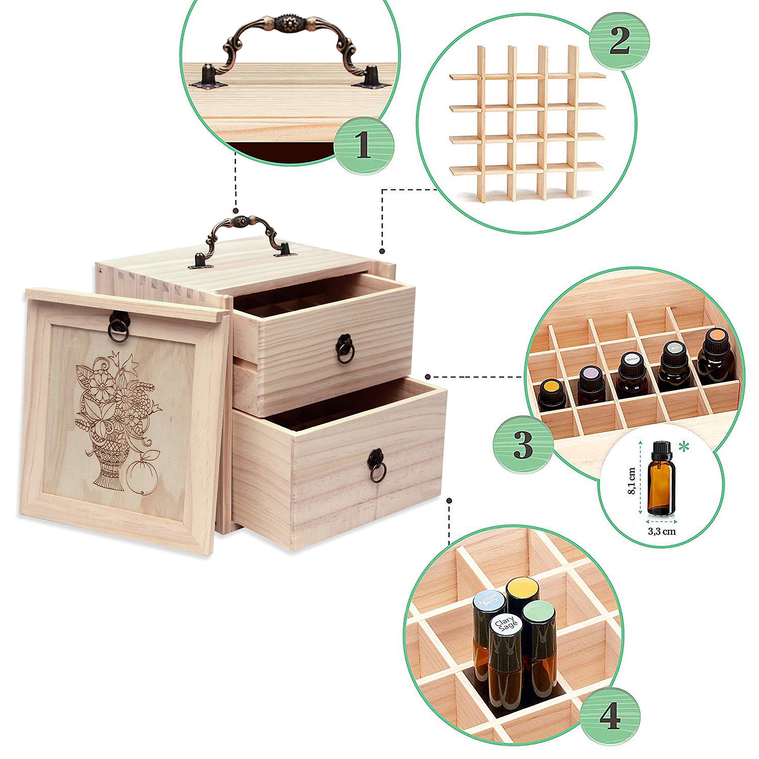 Essential Oil Storage Box for 40 Bottles -Removable Shelf Fits 5ml, 10ml, 15ml, 30ml Bottles, Wooden Nail Polish Organizer With Handle Holds, Free EO Labels, Natural Wood
