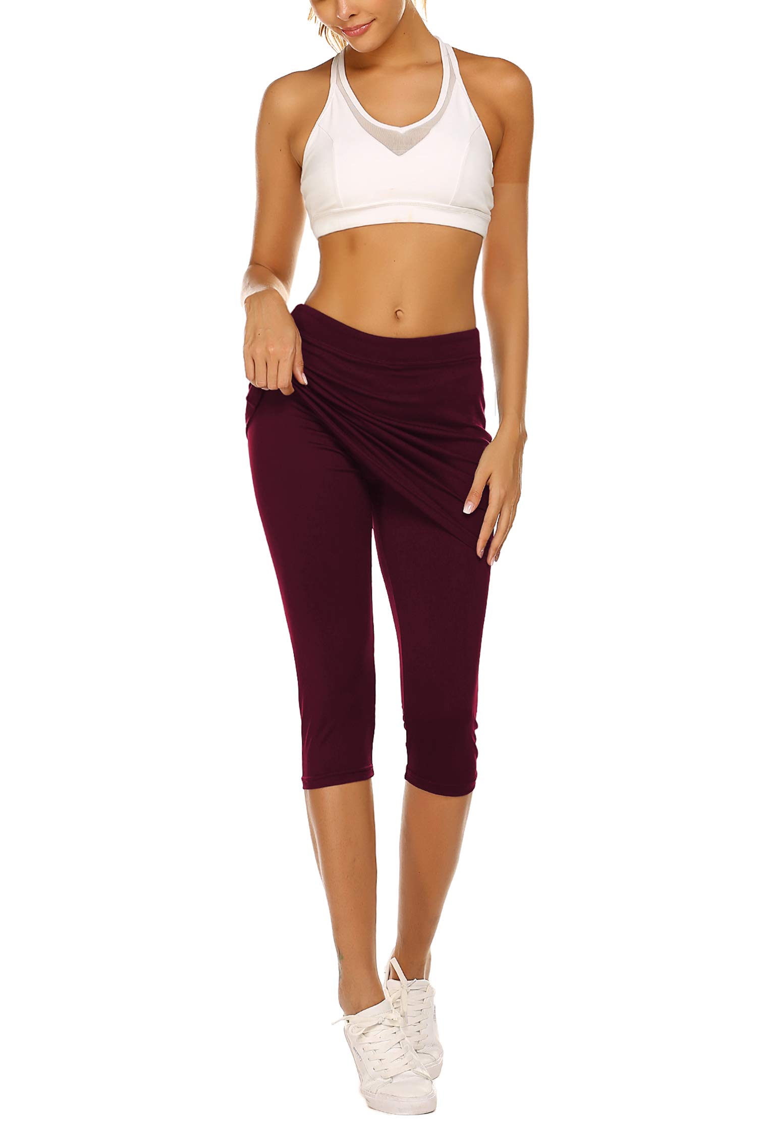 Ekouaer Capri Skirt Active Tight Pants Performance Cycling Skirted Leggings Shorts Skirt Pants Wine Red