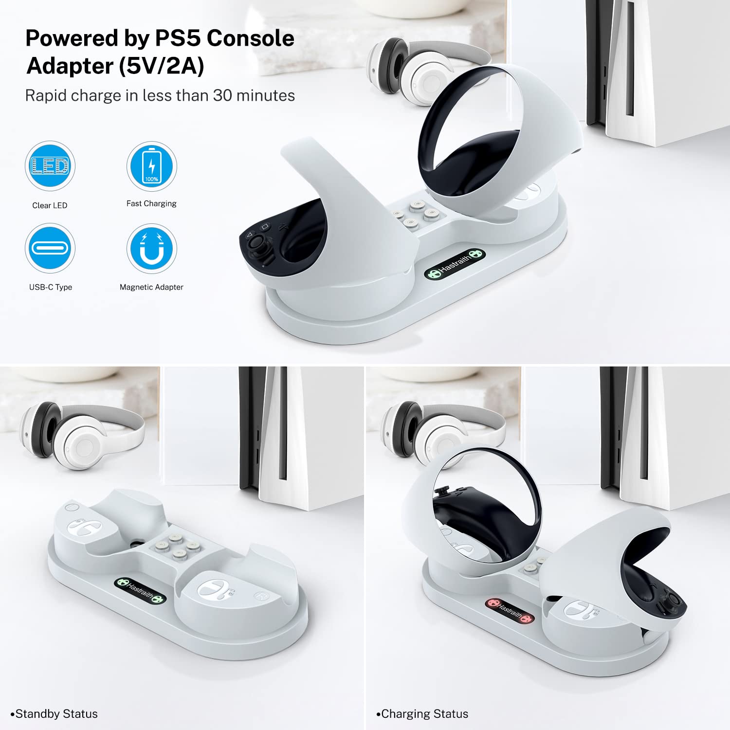 Hastraith Charging Station for PSVR2 Console with Quick Charge Port for PS VR2, Non-Slip Portable Heat Dissipation Holder with Charging USB C Cable Compatible with PS VR2 Dock Stand Accessories, White