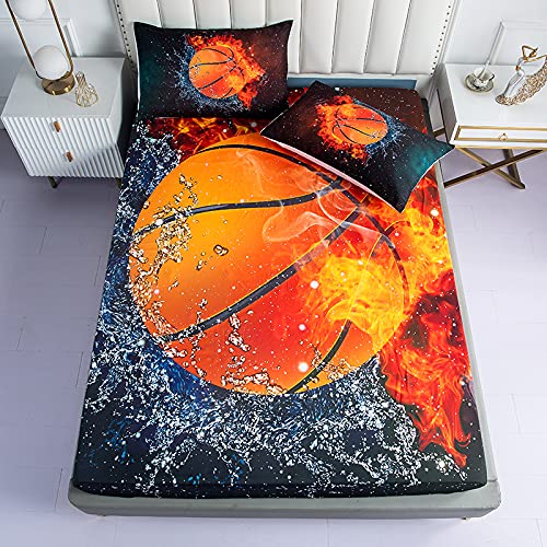 Roscloud Sports Basketball Sheets Sets Full Size - 3PC Ice Flame Galaxy Basketball Boys Fitted Sheet(Fitted Sheet*1 Pillowcases*2)