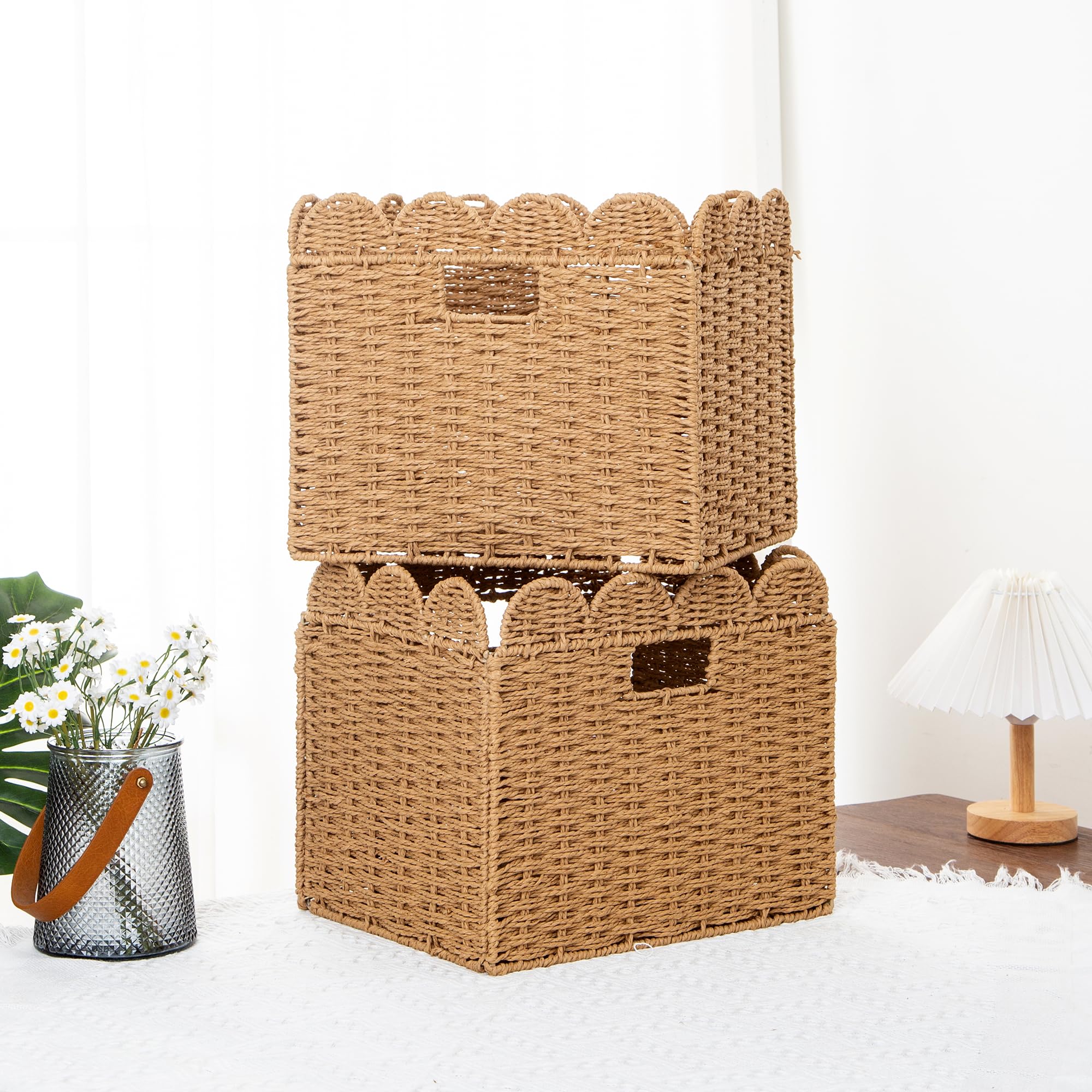 Paper rope Storage Baskets,Wicker Baskets,Folding 2 Packs Handmade Woven baskets, paper rope Basket For Shelf,Seagrass Baskets,Shelf Baskets For Storage Toys Books And Clothes.