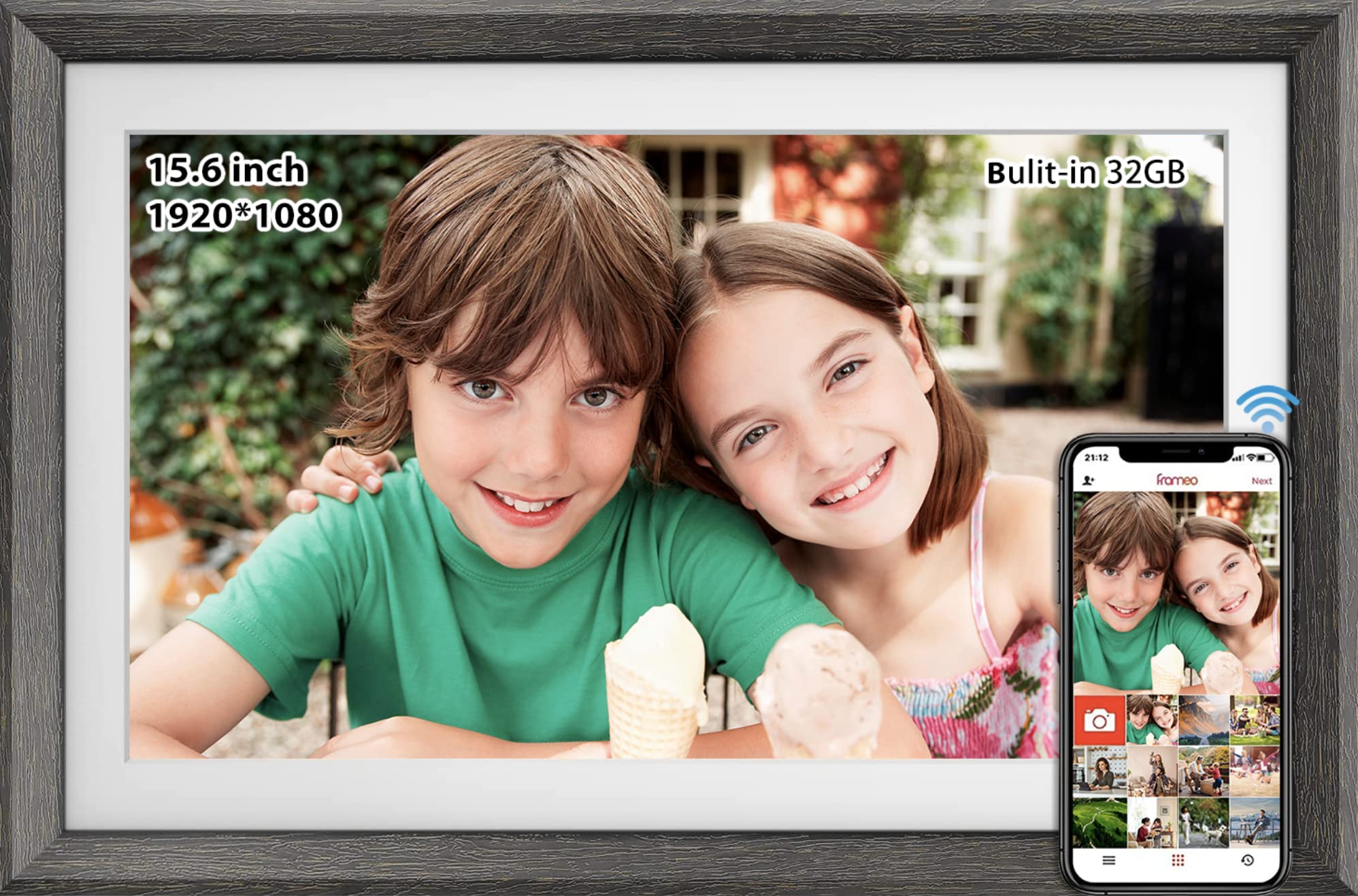 FRAMEO 15.6 Inch 32GB WiFi Digital Photo Frame 1920 * 1080 IPS FHD Touch Screen Smart Digital Picture Frame, Wall Mountable, Auto-Rotate, Share Moments Instantly via Frameo App from Anywhere