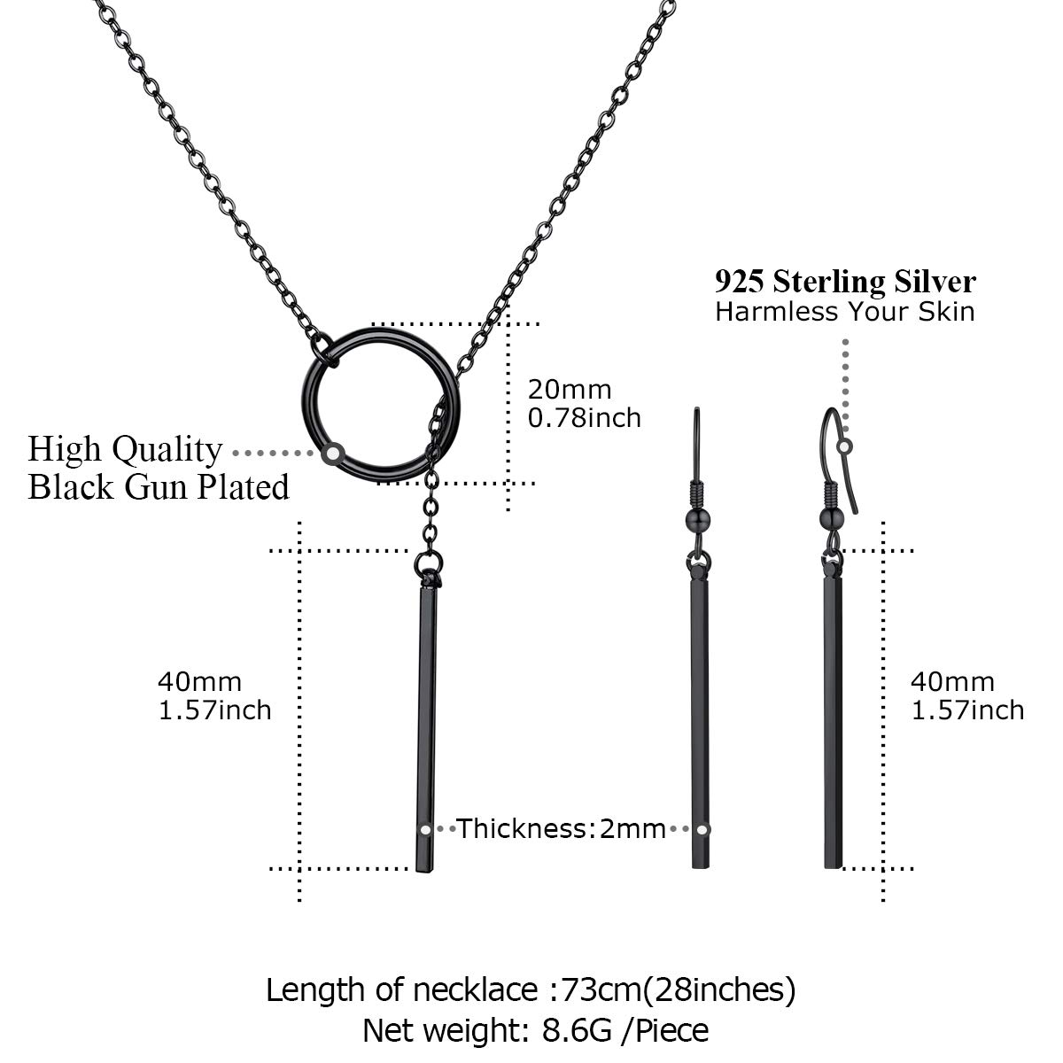 FOCALOOK Black Necklace Earrings Set for Women Long Black Lariat Chain with Drop Vertical Bar Earrings Jewelry Set
